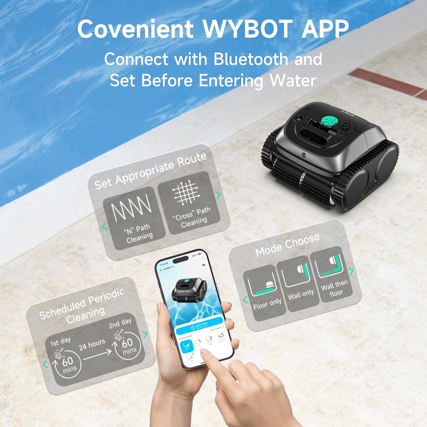 WYBOT C1 Cordless Robotic Pool Cleaner with App and Waterline Cleaning ...